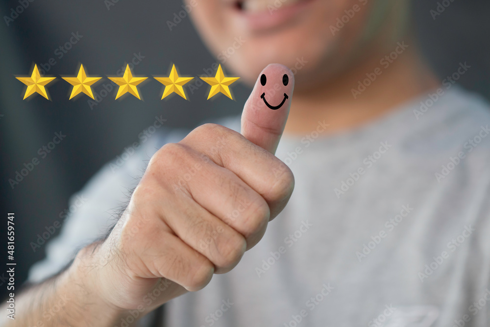Customer satisfaction concept, 5-star satisfaction rating thumbs-up ...