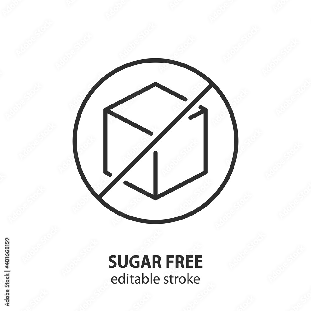 Sugar free line icon. Sugar cube symbol. No sugar added product package ...