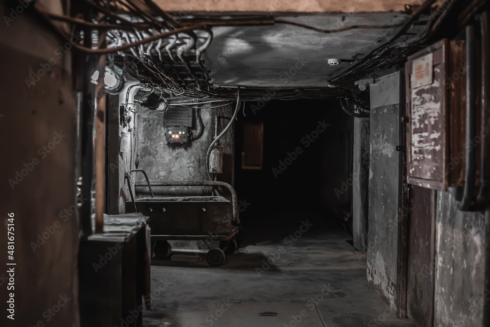 Beautiful interiors of an abandoned underground bunker. Room with light ...