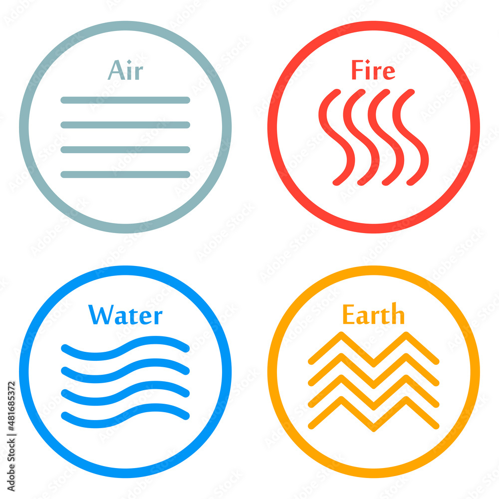 Wind, fire, water and earth symbols, icons set. Vector illustration ...