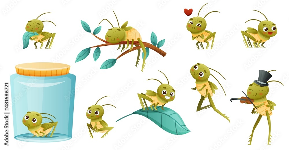 Cute little grasshopper doing various activities set. Funny baby insect ...