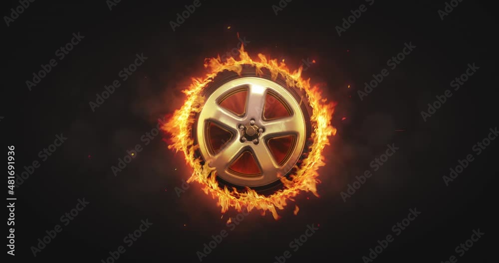 Rotating car tire in burning fire flames on dark background. Sport ...