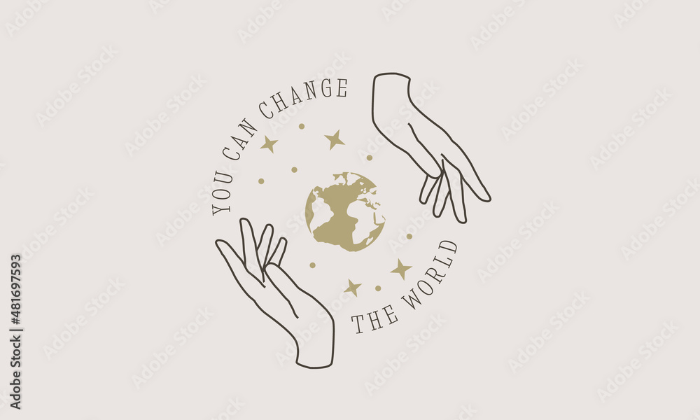 Change the world - vintage abstract poster. Linear logo with earth and ...