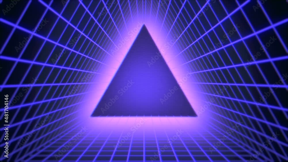 Purple grid with neon triangles in 80s style, motion abstract cyber ...