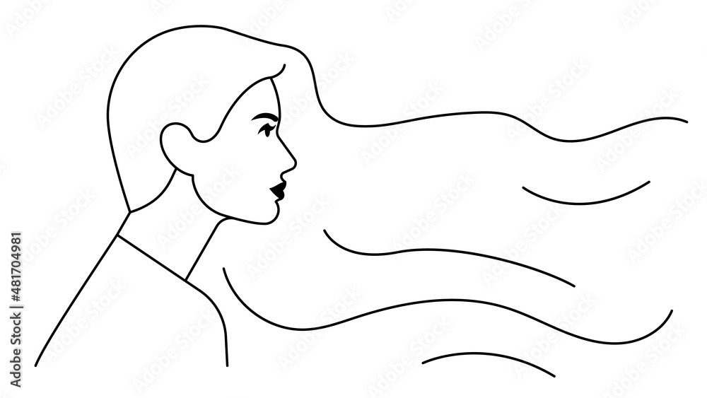 Line art female portrait. Woman face with hair, shoulder one line ...