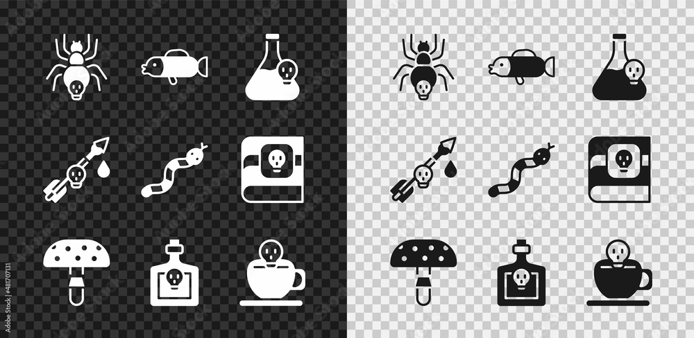 Set Poisonous spider, Puffer fish, Beaker with toxic liquid, Fly agaric ...