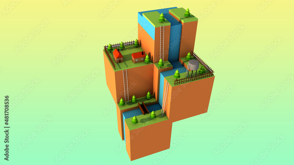 3d illustration of isometric city. Smart town with trees, skyscrapers ...