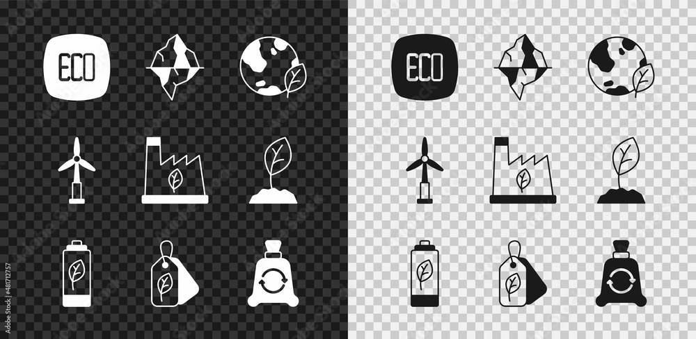 Set Leaf Eco symbol, Iceberg, Earth globe and leaf, nature battery, Tag ...