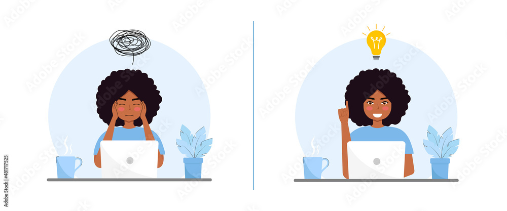 Black woman thinking and finding solution vector flat Illustration ...