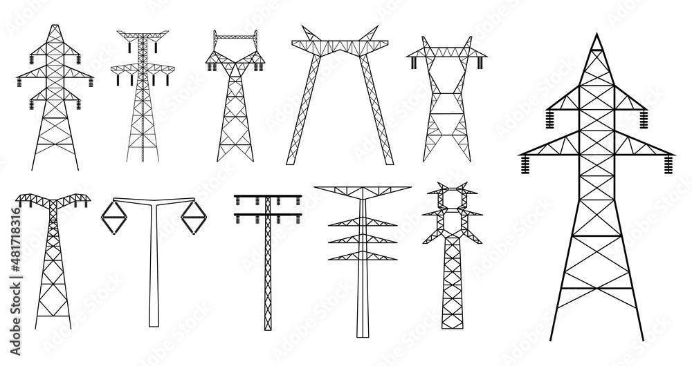 set of high voltage electric line icon or towers high voltage pylons ...