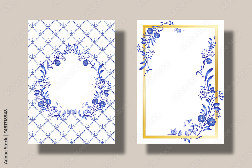 Cards with blue floral pattern and elements for the design of greetings ...