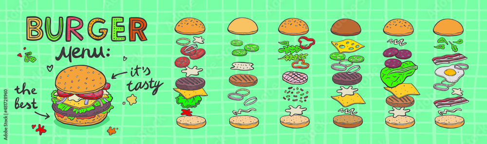 Burger ingredient. Hamburger and cheeseburger ingredient big vector set ...