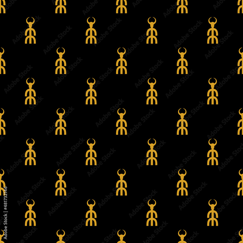 Seamless geometrical pattern with small silhouettes of pagan horned god ...
