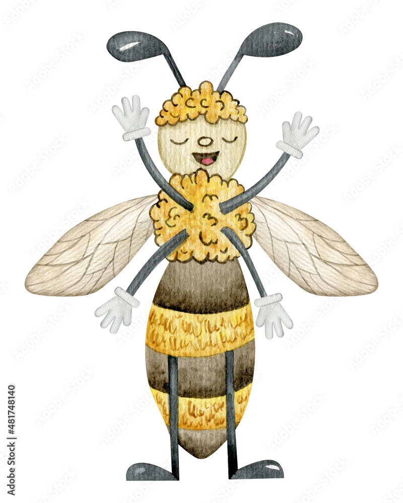 Watercolor cute cartoon bee boy character. Insect hand drawn ...
