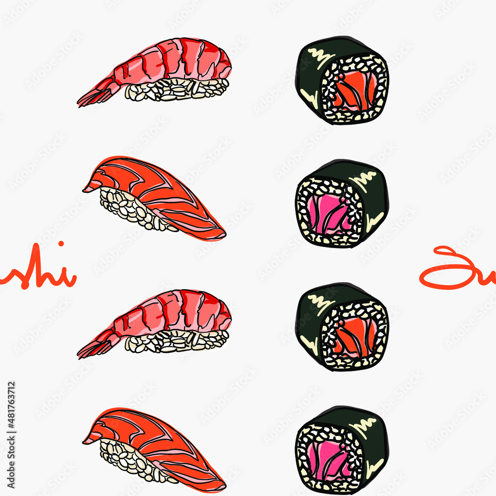 Simple sushi vector pattern on the white background. Japanese seafood ...