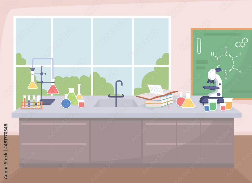 School chemistry lab flat color vector illustration. Space for ...