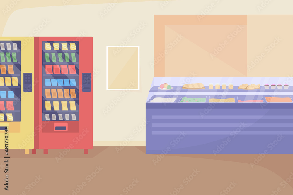 School cafeteria space flat color vector illustration. Lunch break in ...