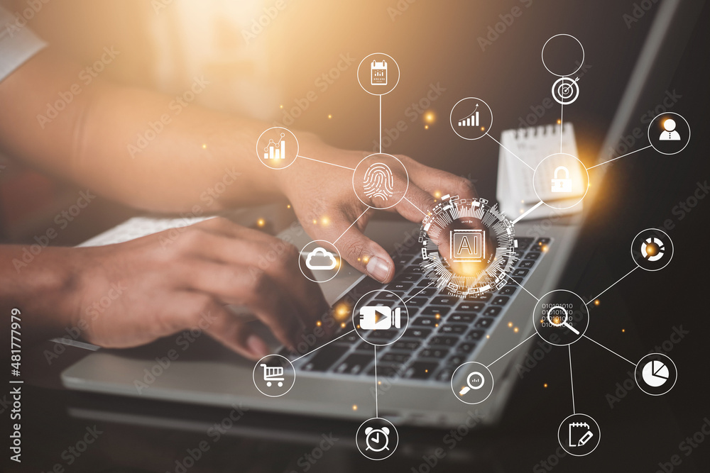 Technology concept Ai business man working through a laptop showing ...