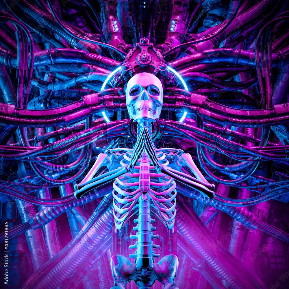 Cyberpunk digital halo skeleton - 3D illustration of science fiction ...