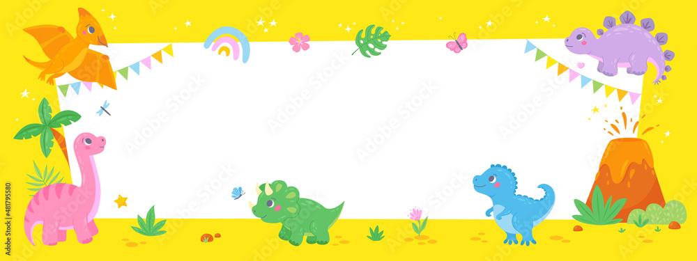Horizontal banner with cute little dinosaurs in hand-drawn cartoon ...