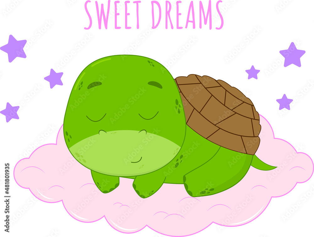 Cute cartoon turtle sleeping on the cloud. Turtle on a white background ...