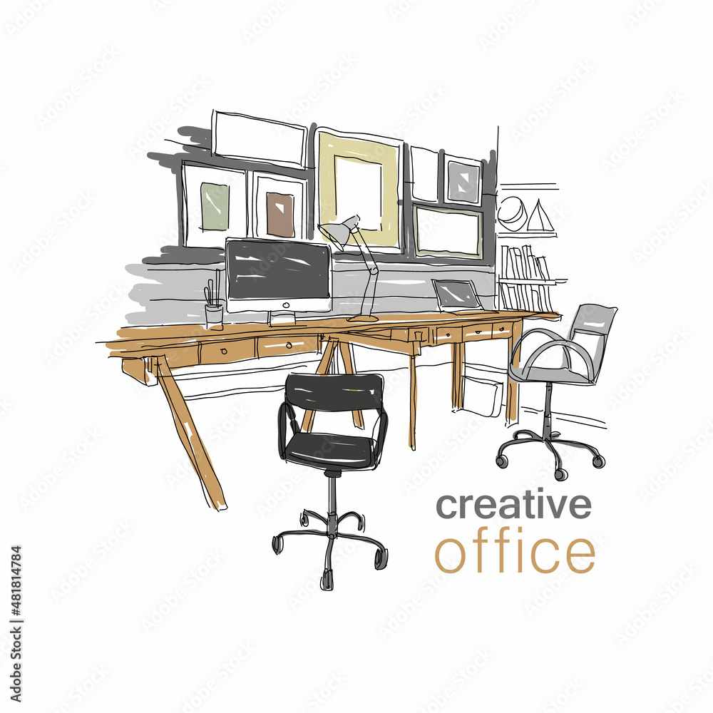 Sketch interior office workplace. Hand drawn vector illustration Stock ...