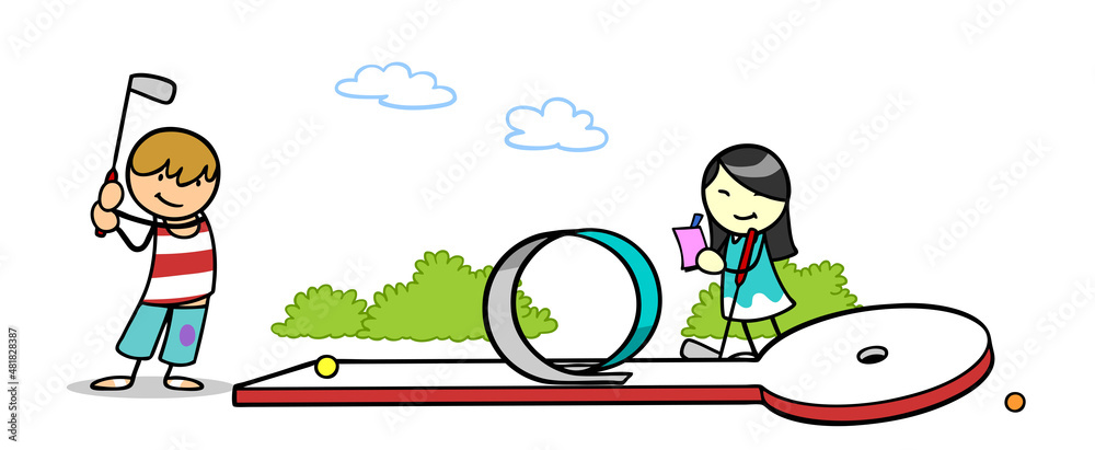 Kinder spielen Minigolf in Freizeit Stock Illustration | Adobe Stock