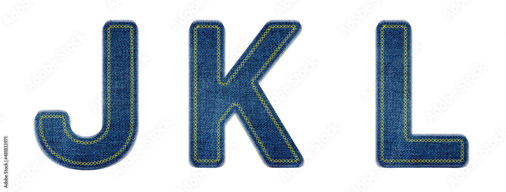 Font fabric, alphabet letters J, K, L. Sewing, fabric thread. Isolated ...