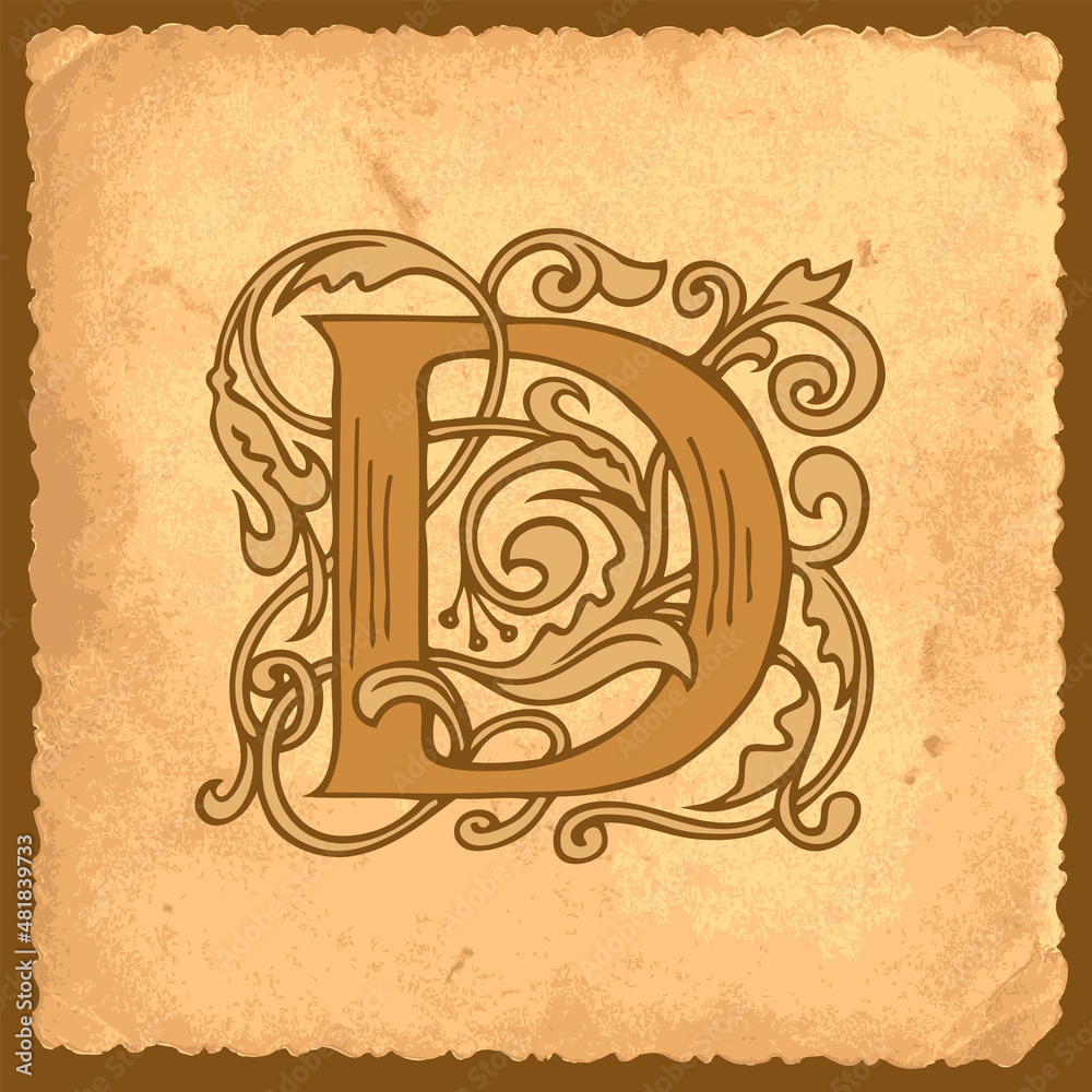 Beautiful initial letter D with Baroque decorations on an old paper ...