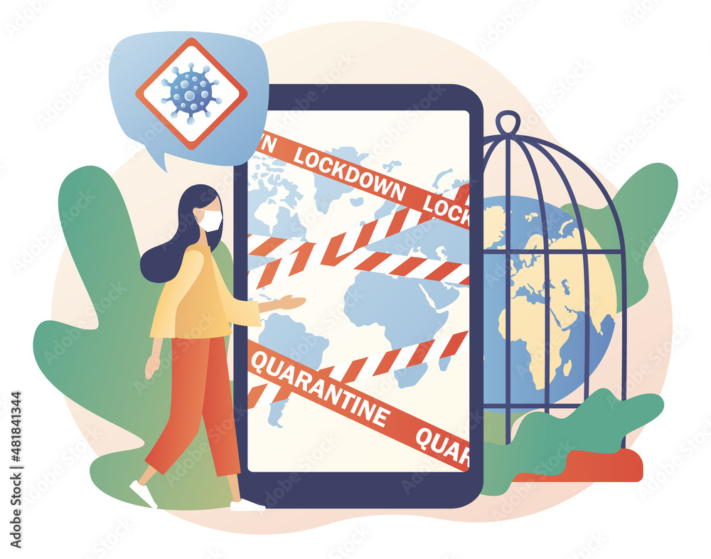 Lockdown in world countries. Warning stripes quarantine with Earth map ...