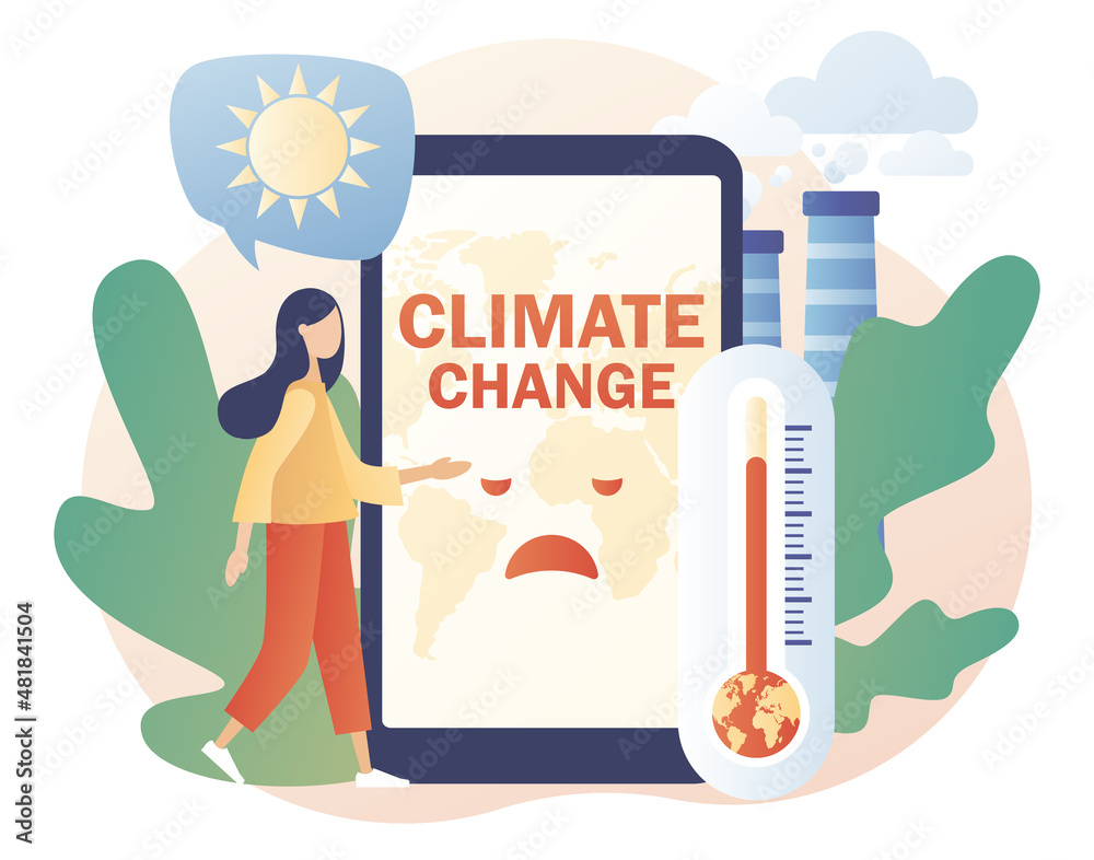 Climate change - text on smartphone screen. Tiny woman trying save ...