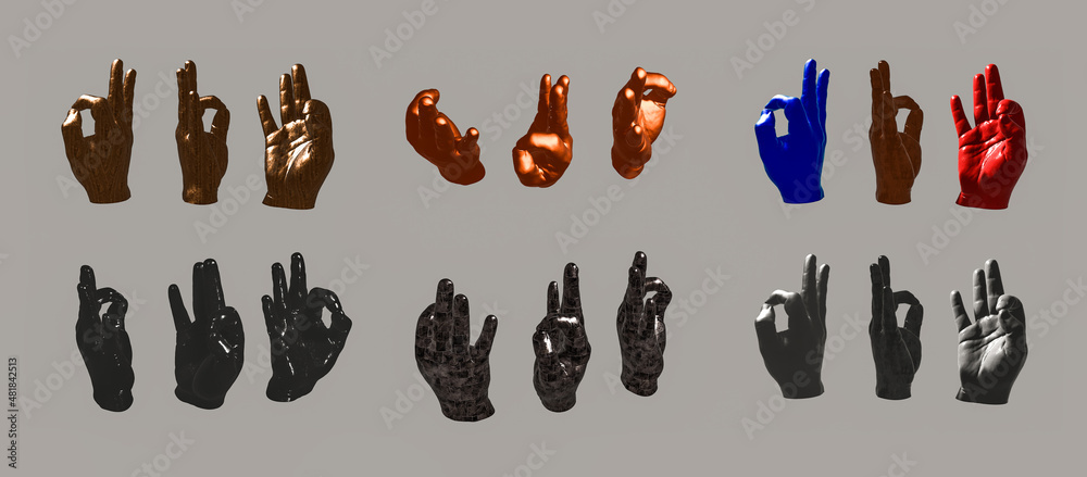 set of 3d hand model with differnet texutes and rendered from different ...