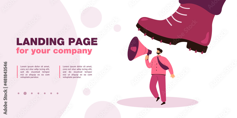 Giant boot stepping on tiny worker holding megaphone. Flat vector ...