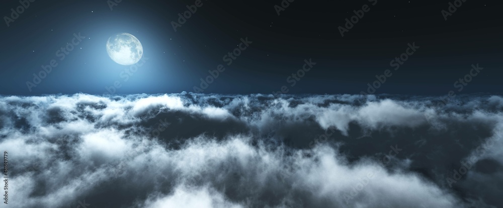 Lunar landscape, moon over clouds, panorama of clouds under the moon ...