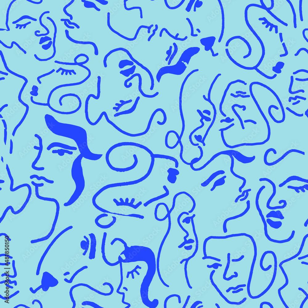 Abstract One Line Drawing Woman Girl Faces Repeating Vector Pattern