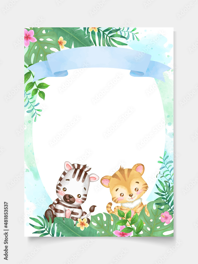Cute animal collection of safari background set with tiger and zebra ...