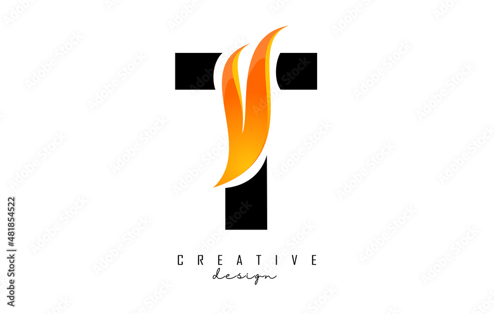 Vector illustration of abstract letter T with fire flames and Orange ...