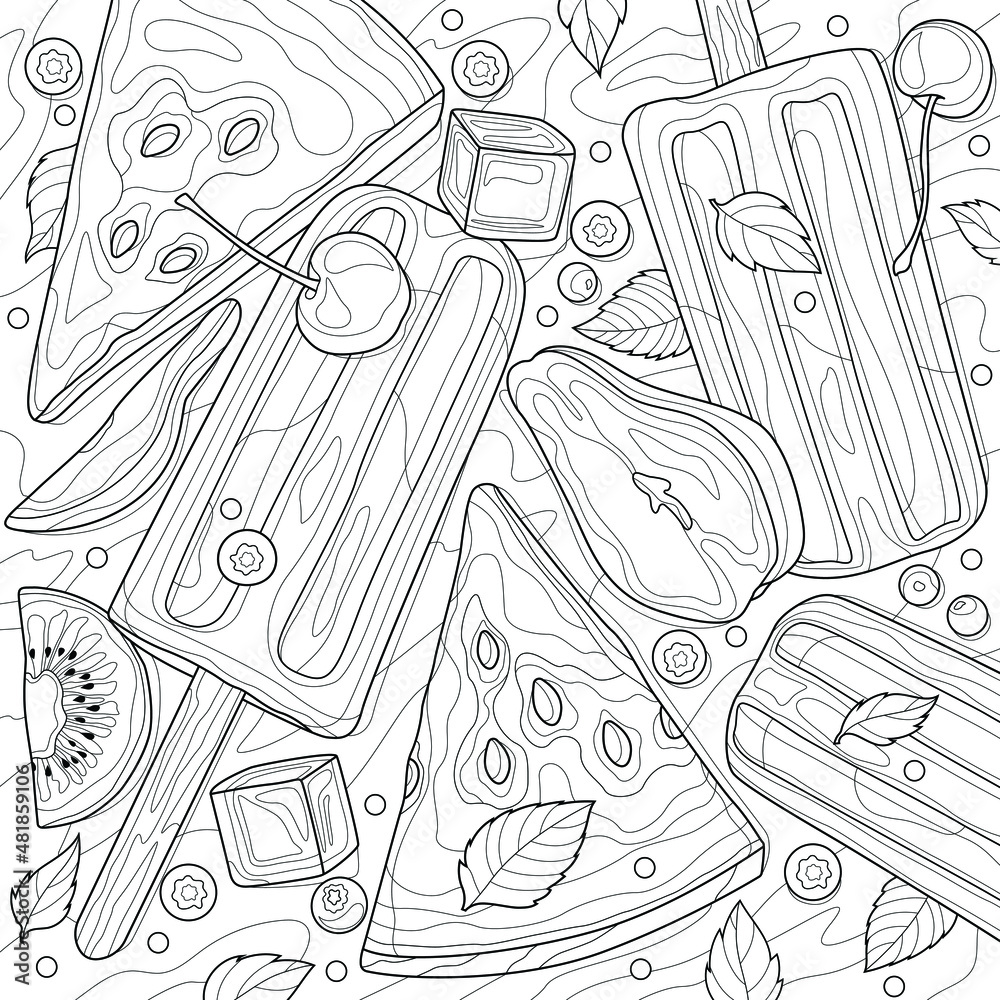 Ice cream with fruits. Dessert.Coloring book antistress for children ...