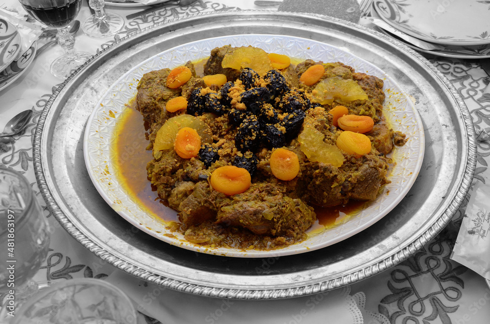 Meat dish with plum, dried pineapple and almonds. One of the most ...