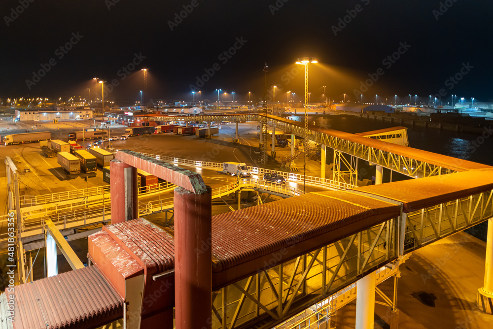 Ferry terminal and linkspan to the ro-ro ship in the harbor of Ystad at ...