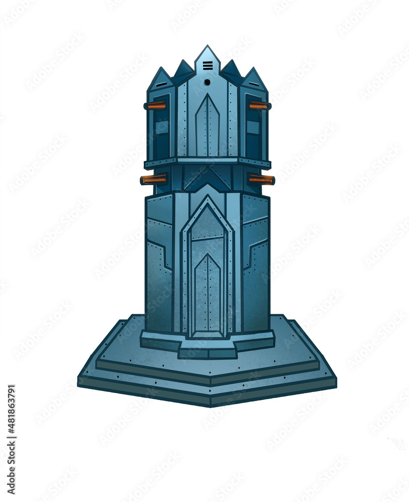 drawing dark metal tower, with cannons, for a futuristic dystopia ...