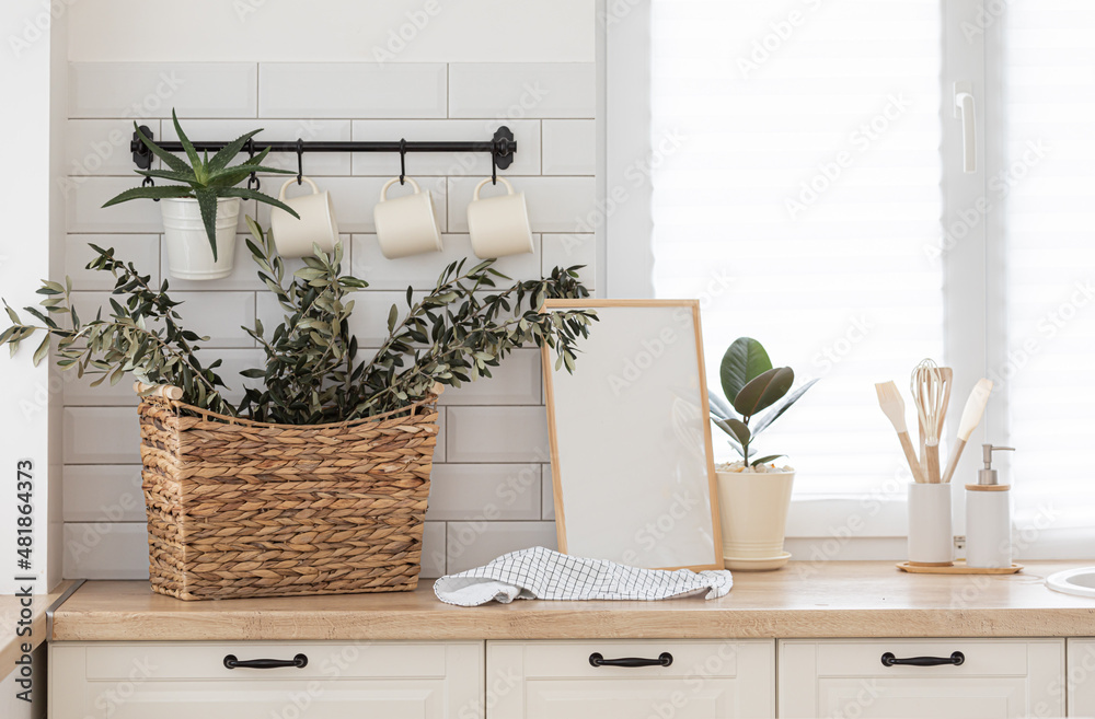 Mock up frame in kitchen interior background. Scandinavian home design ...