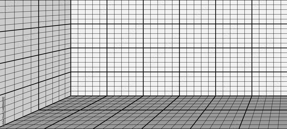3d Room corner perspective grid. Interior wireframe grid lines, wall ...