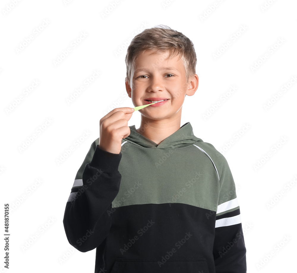 Little boy in hoodie chewing gum on white background Stock Photo ...
