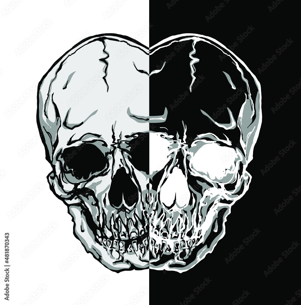 Hand drawn vector illustration of three eyed skull cut in half and ...