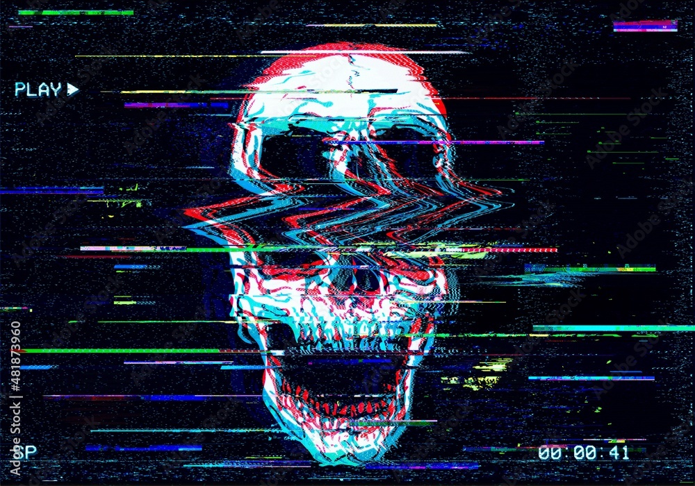 Digital GLITCH ART screaming skull illustration in the style of old TV ...