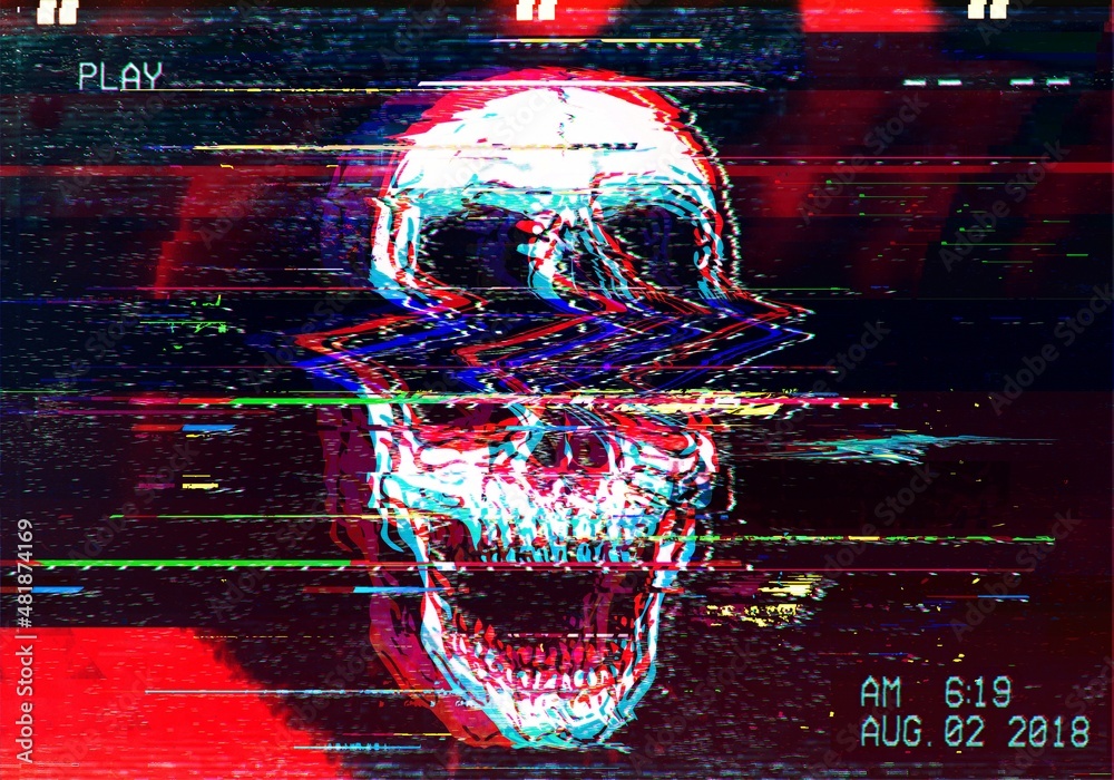 Digital GLITCH ART screaming skull illustration in the style of old CRT ...