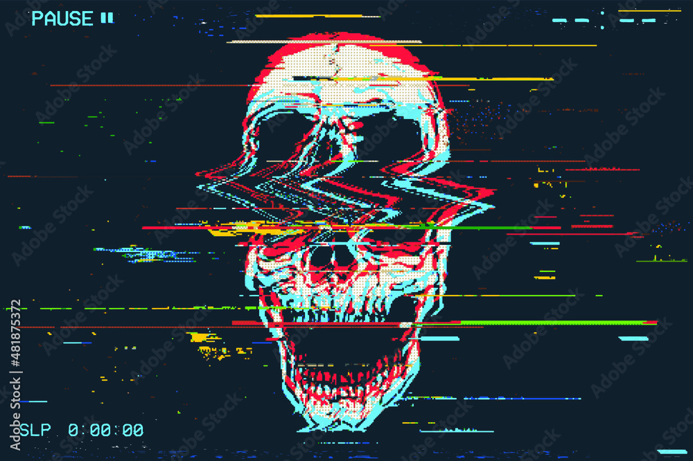 Vector illustration of glitch screaming skull in the style of old TV ...