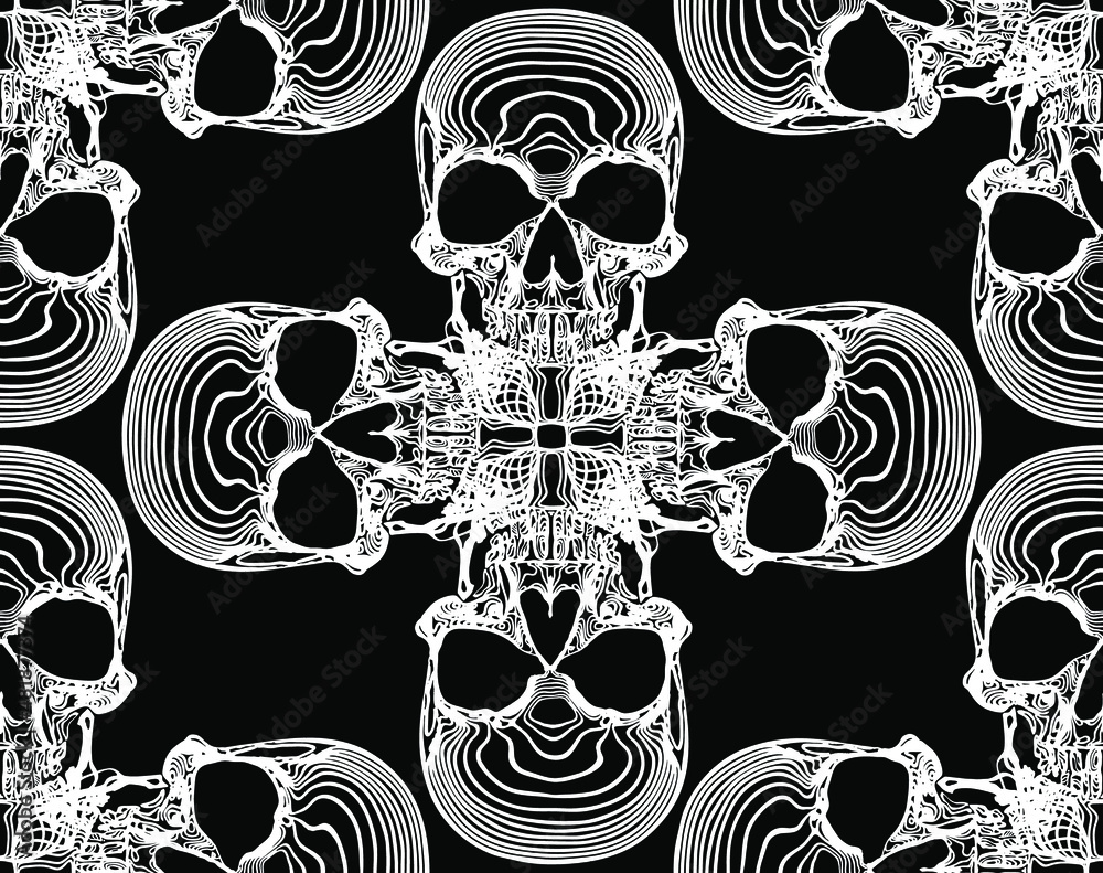 Vector seamless pattern of 4 skulls in a cross. Abstract white line ...