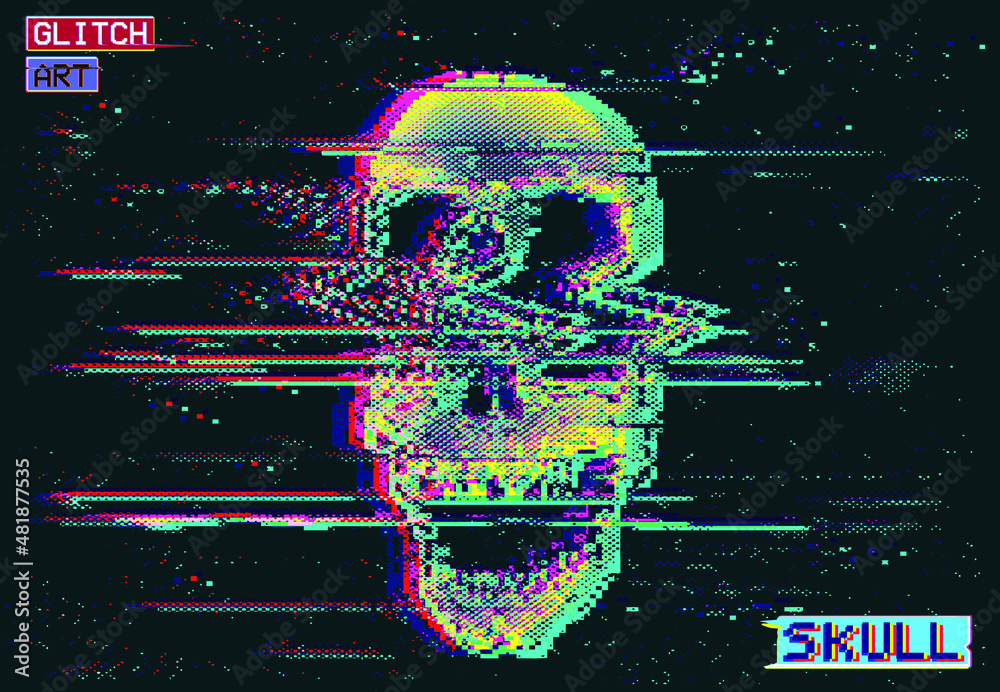 Vector GLITCH ART screaming skull illustration in the style of old TV ...